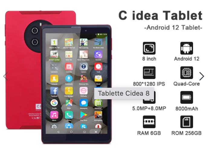 * Tablette Cidea 8" CM815 PRO 512GB STOCKAGE ET 8GB RAM + ECOUTEUR BLU ...